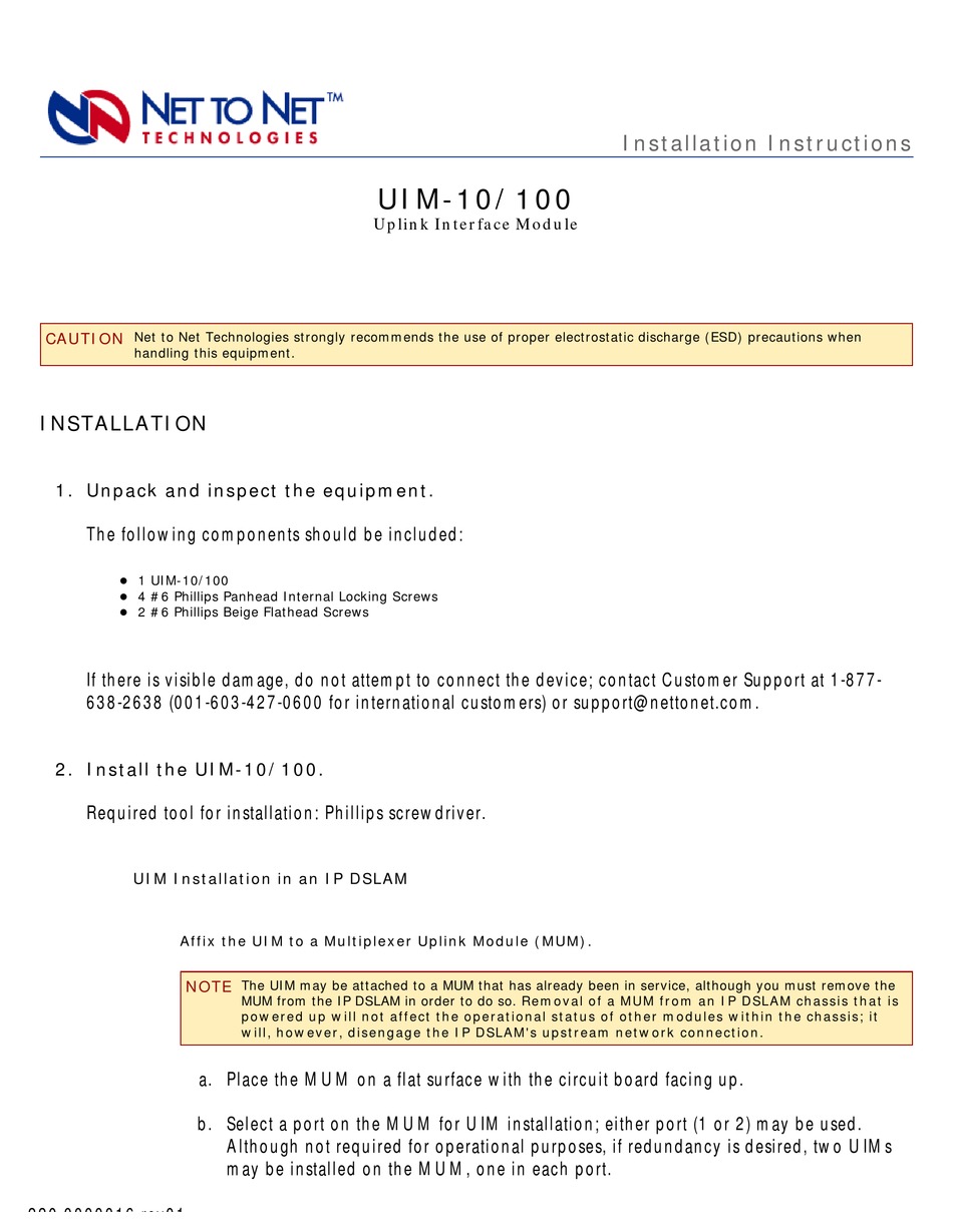 NET TO NET UPLINK INTERFACE MODULE UIM-10/100 INSTALLATION INSTRUCTIONS ...