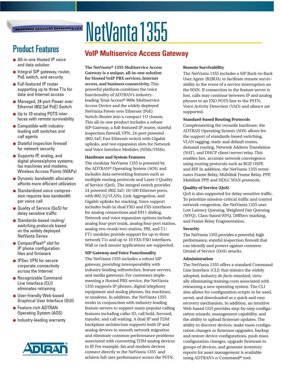 ADTRAN NETVANTA 1355 GATEWAY SPECIFICATIONS | ManualsLib