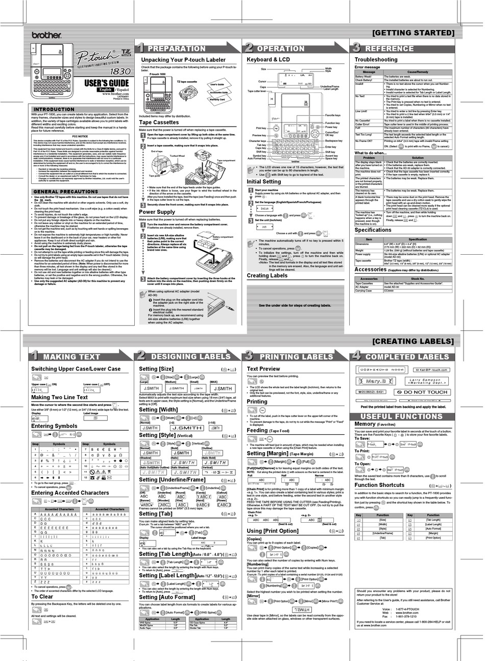 BROTHER P TOUCH PT 1830 LABEL MAKER USER MANUAL ManuaLib