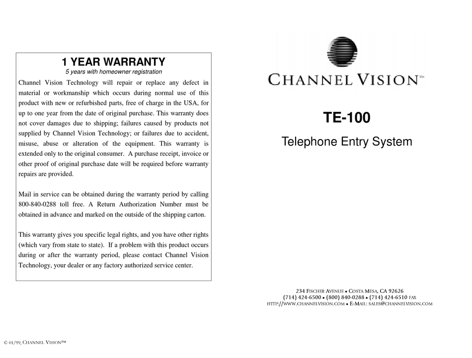 CHANNEL VISION TE-100 USER MANUAL Pdf Download | ManualsLib