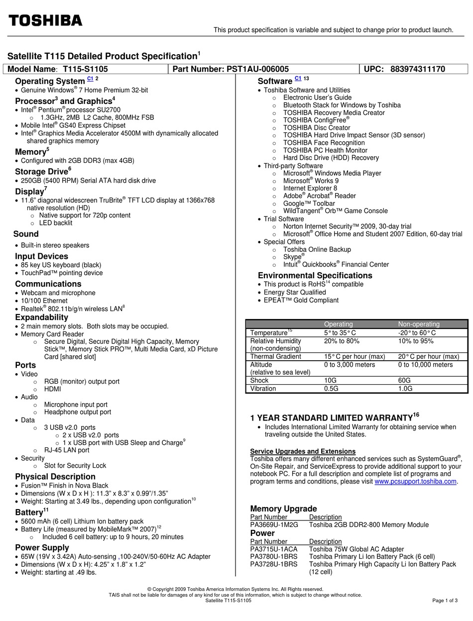 TOSHIBA SATELLITE T115-S1105 SPECIFICATIONS Pdf Download | ManualsLib