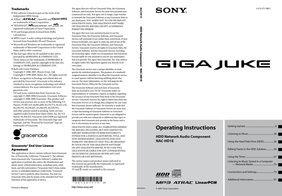 SONY GIGA JUKE NAC-HD1E CD PLAYER OPERATING INSTRUCTIONS MANUAL ...