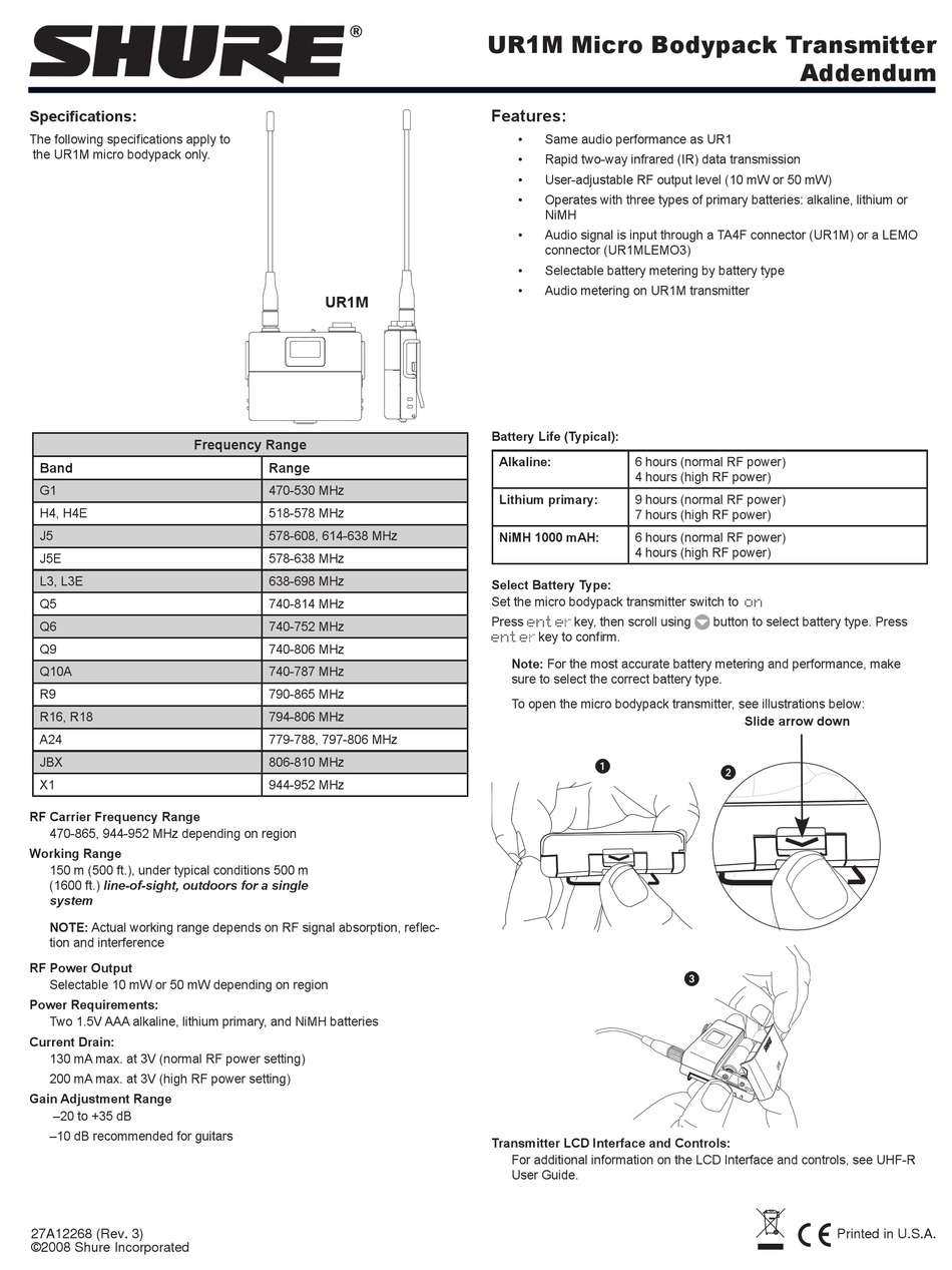 SHURE UR1M SPECIFICATIONS Pdf Download | ManualsLib