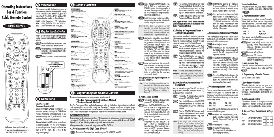 UNIVERSAL REMOTE CONTROL UR4U-MDVR2 OPERATING INSTRUCTIONS Pdf Download ...
