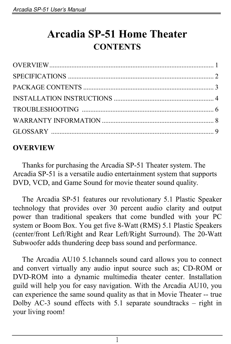 ARCADIA SP-51 USER MANUAL Pdf Download | ManualsLib