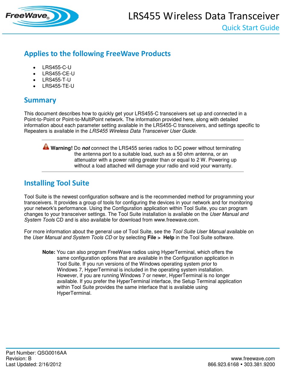 FREEWAVE LRS455-C-U QUICK START MANUAL Pdf Download | ManualsLib