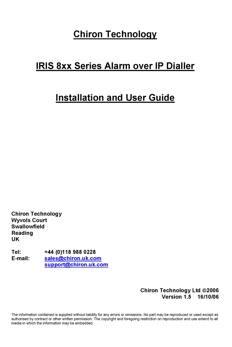 CHIRON TECHNOLOGY IRIS 8XX SERIES INSTALLATION AND USER MANUAL Pdf Download | ManualsLib