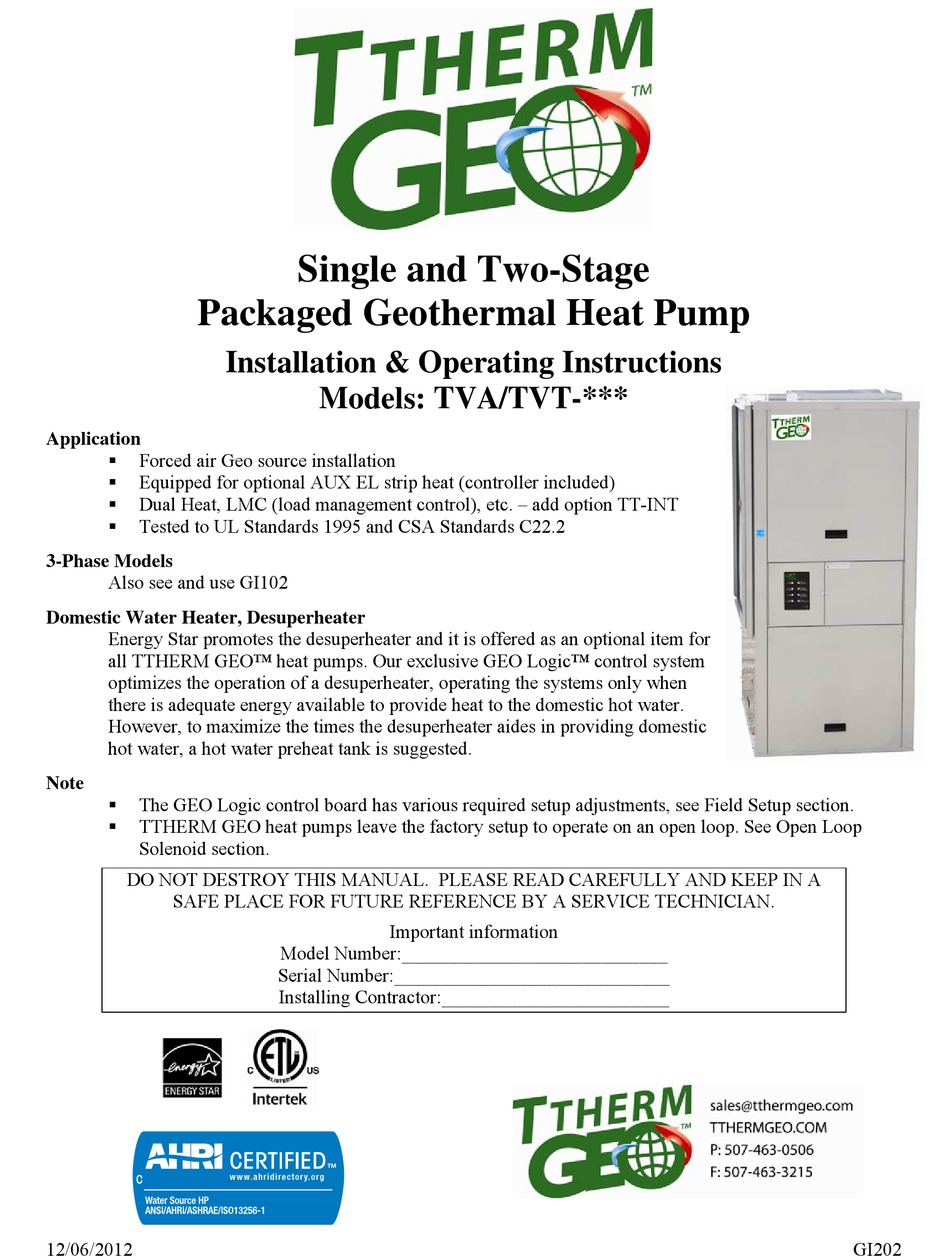 TTHERM GEO TVA SERIES INSTALLATION & OPERATING INSTRUCTIONS MANUAL Pdf ...