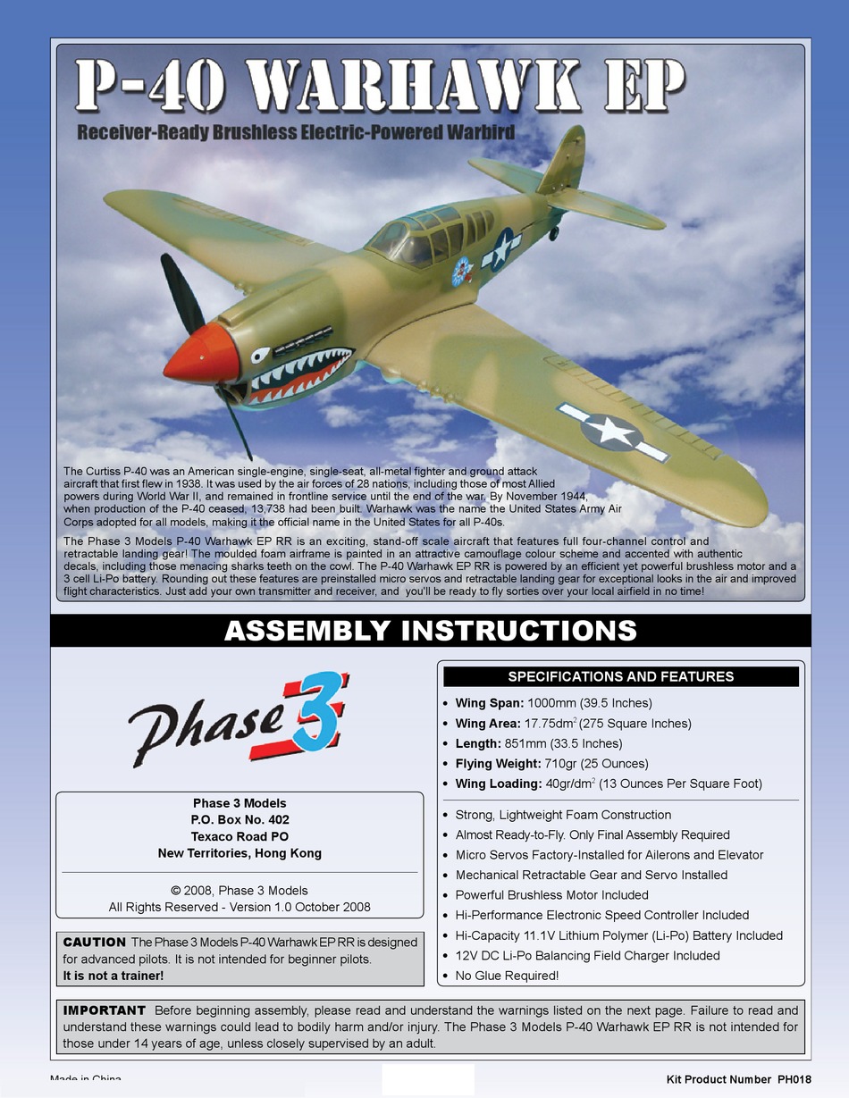 PHASE 3 MODELS P-40 WARHAWK EP ASSEMBLY INSTRUCTIONS MANUAL Pdf ...
