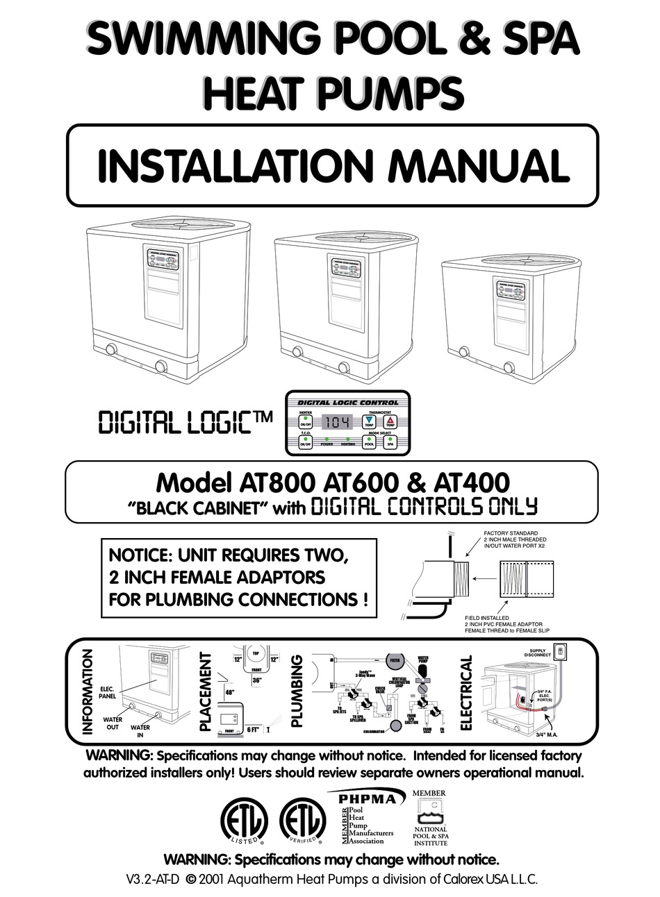 AQUATHERM DIGITAL LOGIC AT800 INSTALLATION MANUAL Pdf Download | ManualsLib