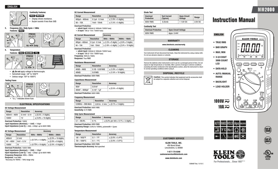 KLEIN TOOLS MM2000 INSTRUCTION MANUAL Pdf Download | ManualsLib