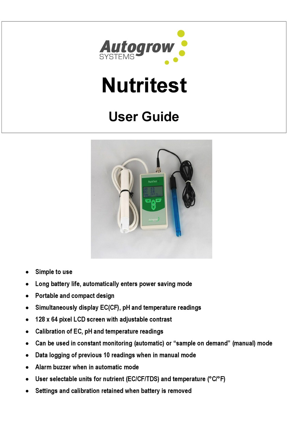 AUTOGROW NUTRITEST USER MANUAL Pdf Download | ManualsLib