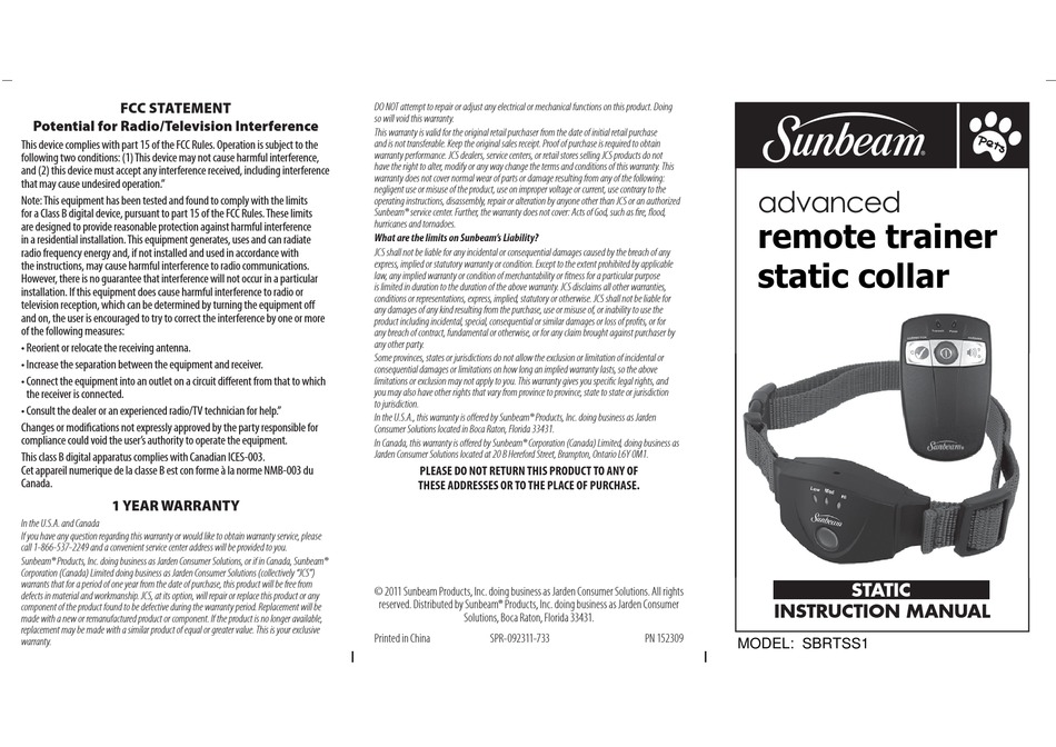 SUNBEAM SBRTSS1 INSTRUCTION MANUAL Pdf Download | ManualsLib