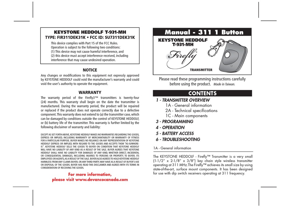 KEYSTONE T-931-MH PROGRAMMING INSTRUCTION MANUAL Pdf Download | ManualsLib