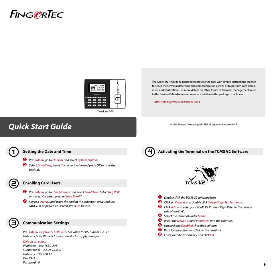 FINGERTEC TIMELINE 100 QUICK START MANUAL Pdf Download | ManualsLib