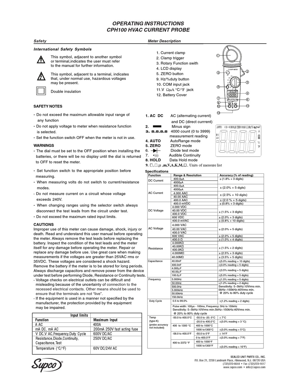 SUPCO CPH100 OPERATING INSTRUCTIONS Pdf Download | ManualsLib