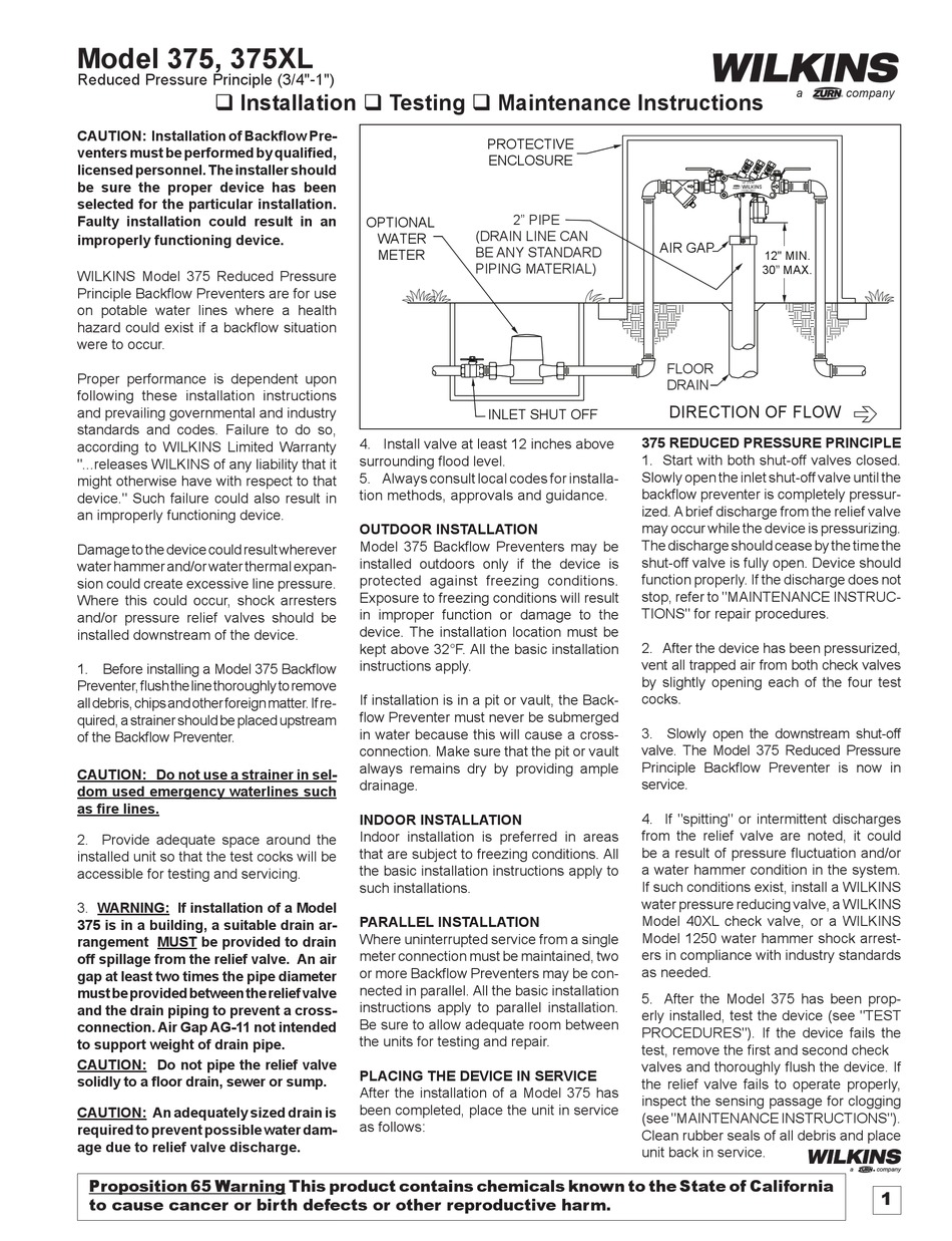 WILKINS 375XL INSTALLATION, TESTING, OPERATION AND MAINTENANCE MANUAL ...