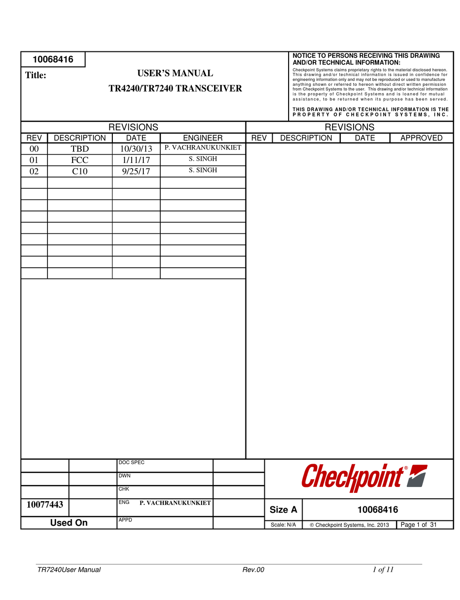 CHECKPOINT TR4240 TRANSCEIVER USER MANUAL | ManualsLib