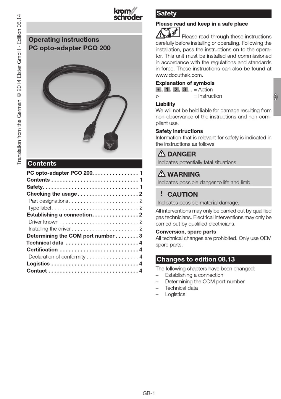 KROM SCHRODER PCO 200 ADAPTER OPERATING INSTRUCTIONS | ManualsLib