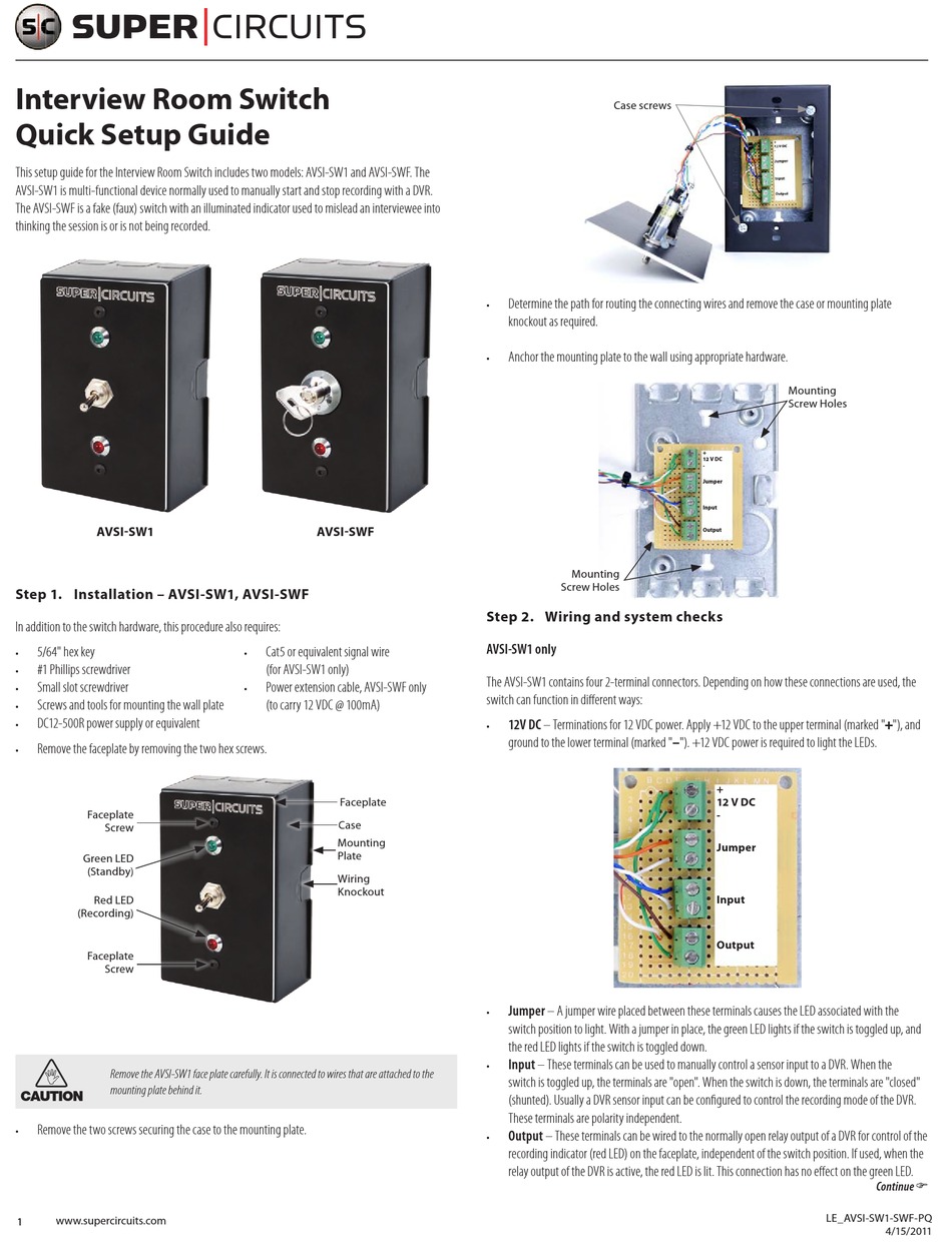 SUPER CIRCUITS AVSI-SW1 SWITCH QUICK SETUP MANUAL | ManualsLib