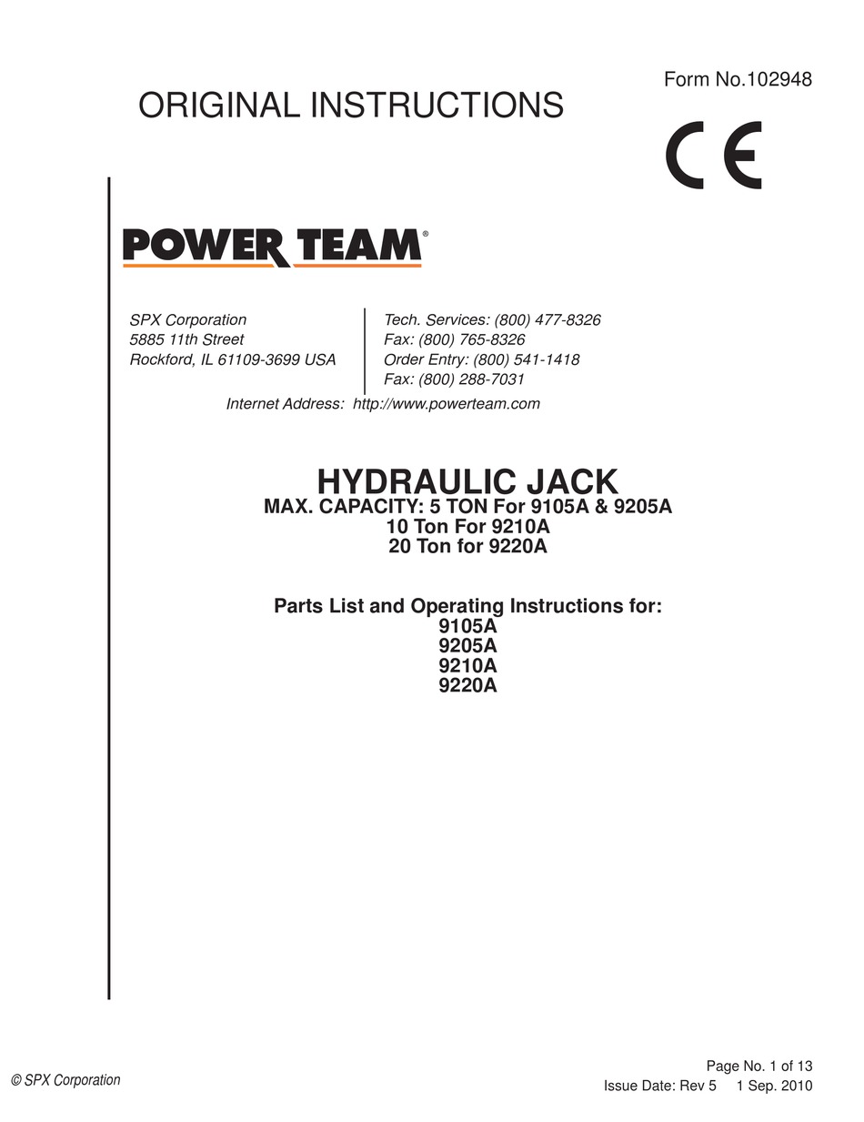 POWER TEAM 9105A JACK PARTS LIST AND OPERATING INSTRUCTIONS | ManualsLib