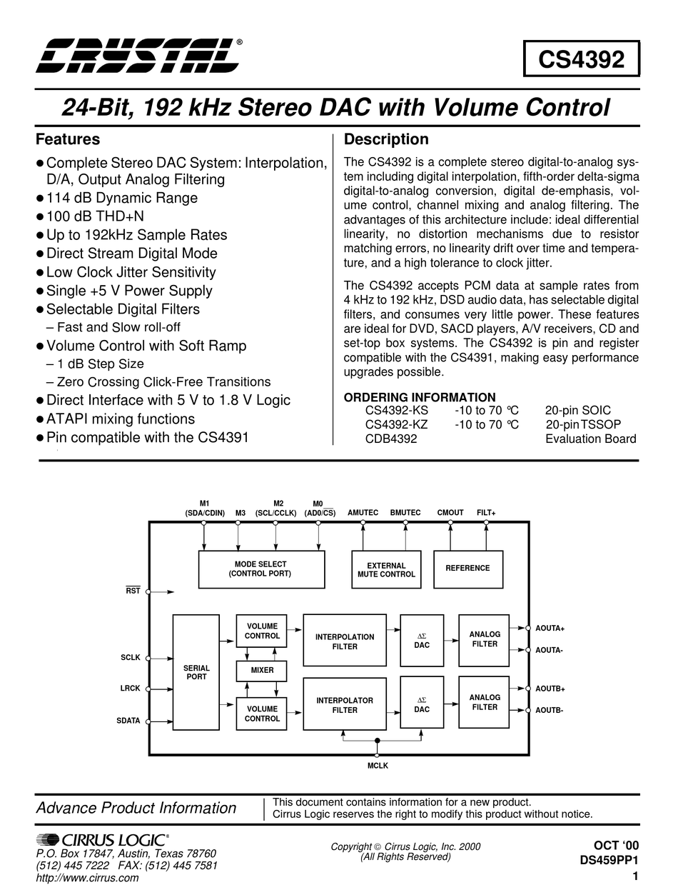 CRYSTAL CS4392 STEREO SYSTEM ADVANCE PRODUCT DATA | ManualsLib