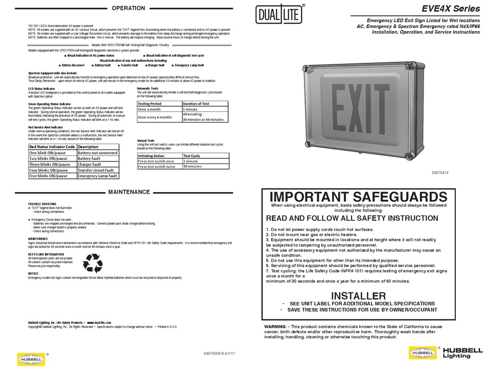 HUBBELL LIGHTING DUAL LITE EVE4X SERIES INSTALLATION, OPERATION AND ...