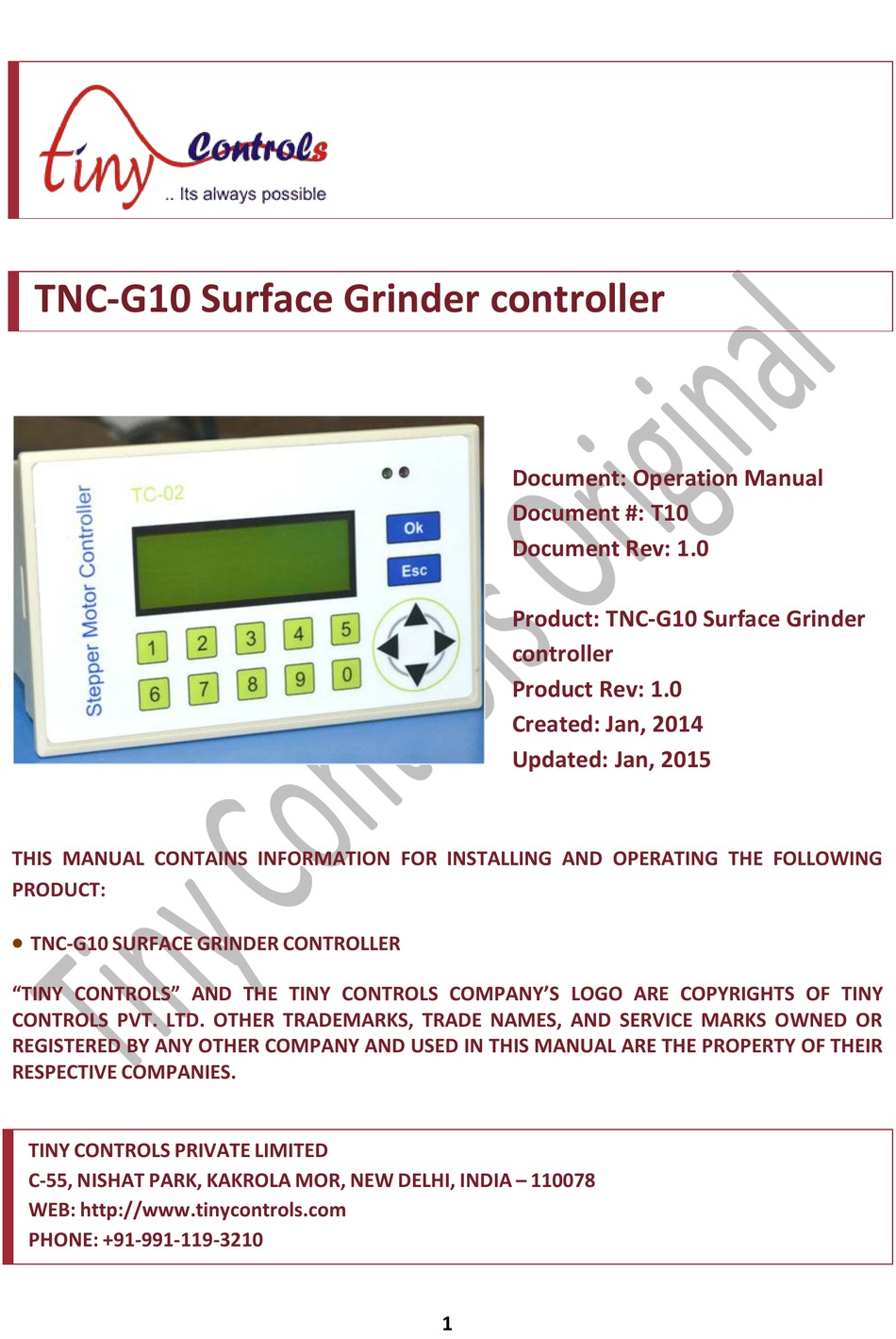TINY TNC-G10 CONTROLLER OPERATION MANUAL | ManualsLib