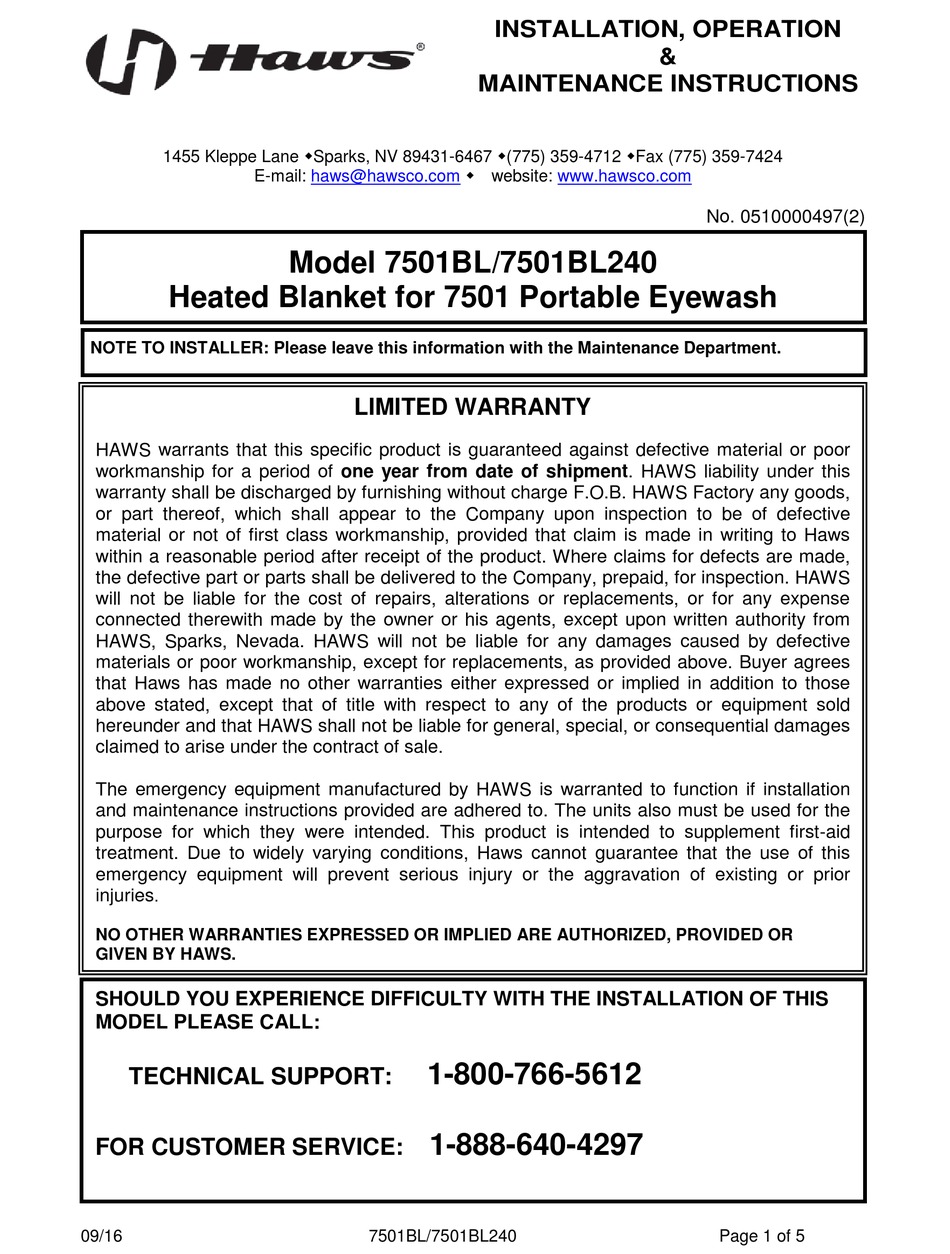 HAWS 7501BL INSTALLATION, OPERATION & MAINTENANCE INSTRUCTIONS MANUAL ...