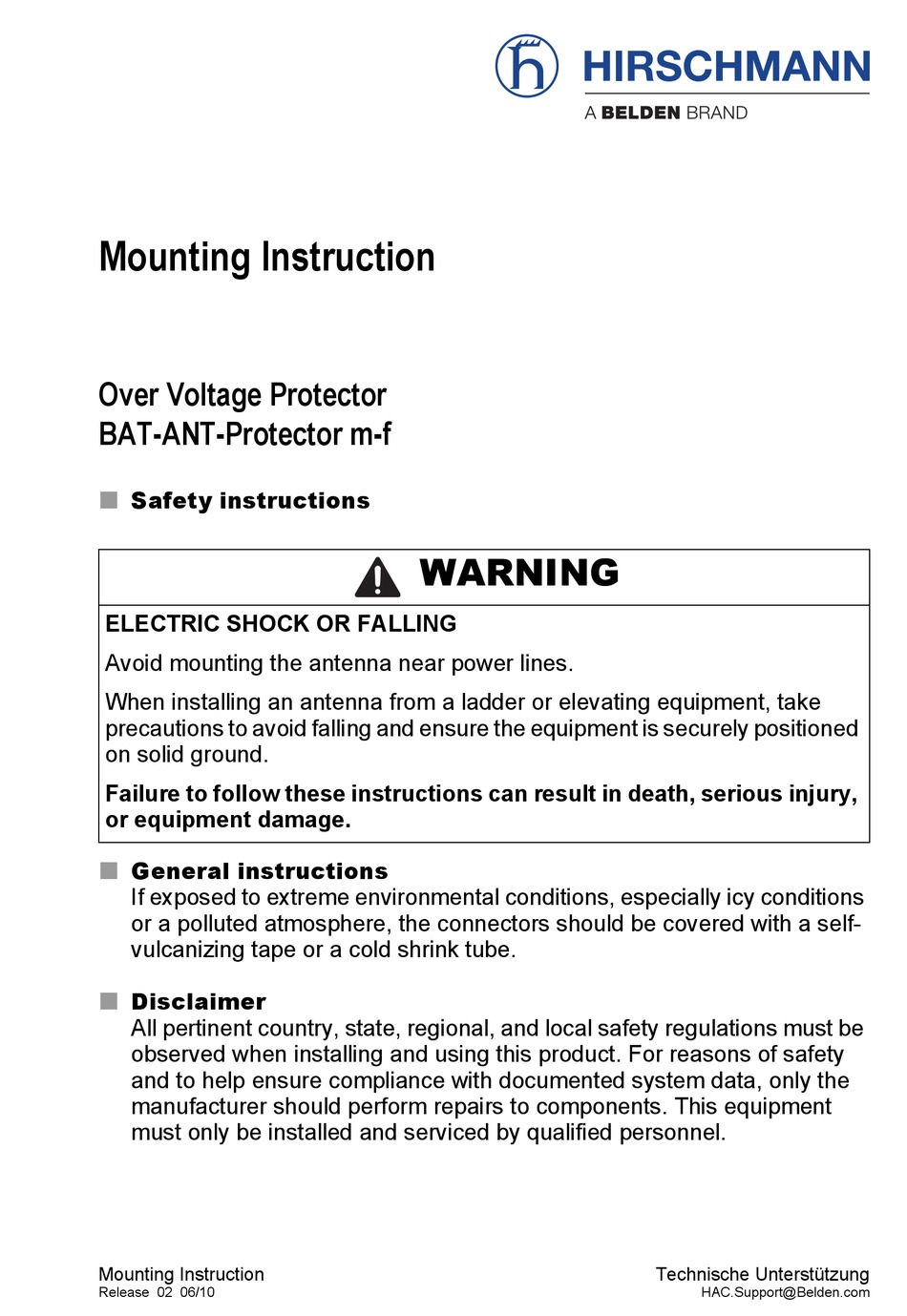 HIRSCHMANN BAT-ANT PROTECTOR M-F PROTECTION DEVICE MOUNTING INSTRUCTION ...