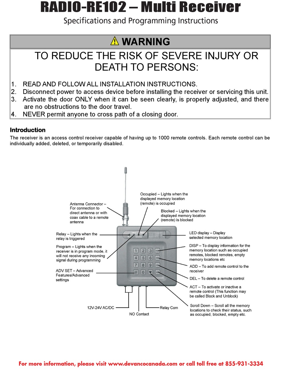 DEVANCO CANADA RADIO-RE102 RECEIVER SPECIFICATIONS AND PROGRAMMING ...