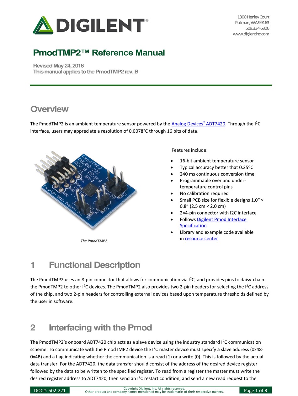 DIGILENT PMODTMP2 REFERENCE MANUAL Pdf Download | ManualsLib
