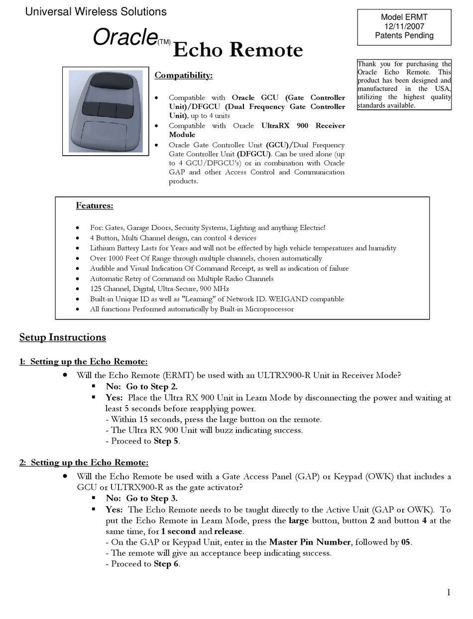 UNIVERSAL WIRELESS SOLUTIONS ORACLE ECHO REMOTE CONTROL QUICK START ...