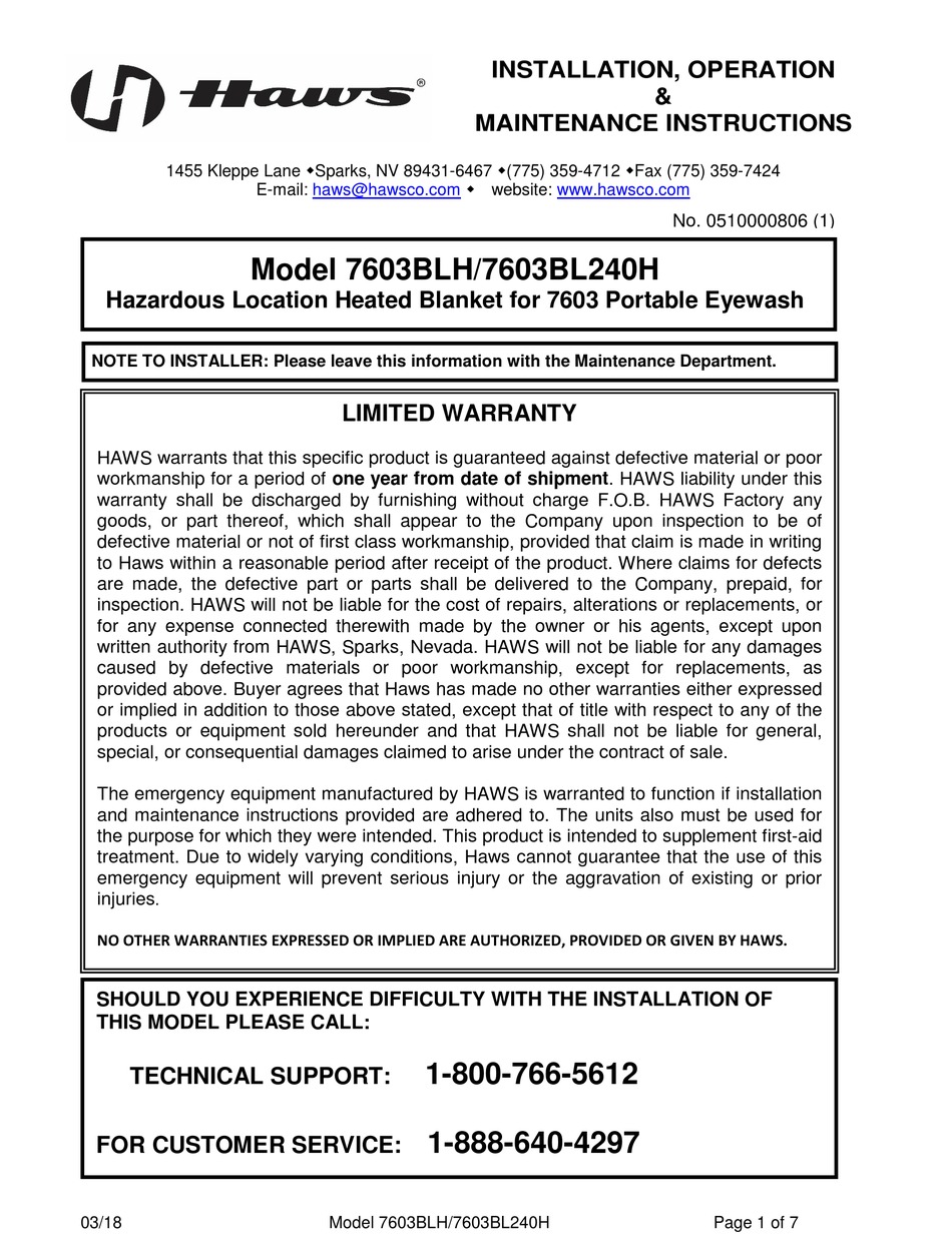 HAWS 7603BLH INSTALLATION, OPERATION & MAINTENANCE INSTRUCTIONS MANUAL ...