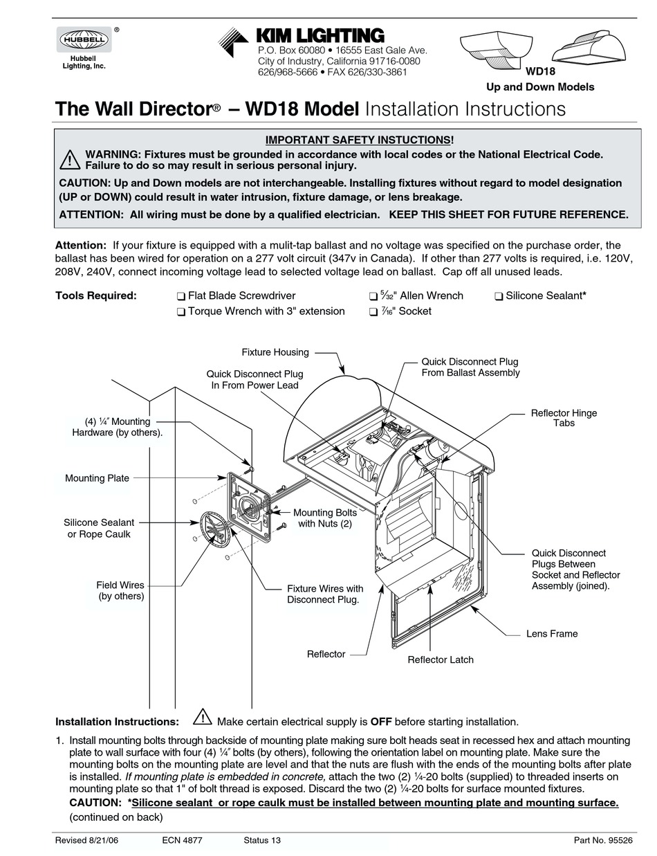HUBBELL KIM LIGHTING WALL DIRECTOR WD18 INSTALLATION INSTRUCTIONS Pdf ...