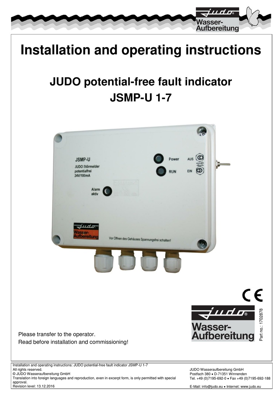 JUDO JSMP-U 1 INSTALLATION AND OPERATING INSTRUCTIONS MANUAL Pdf ...