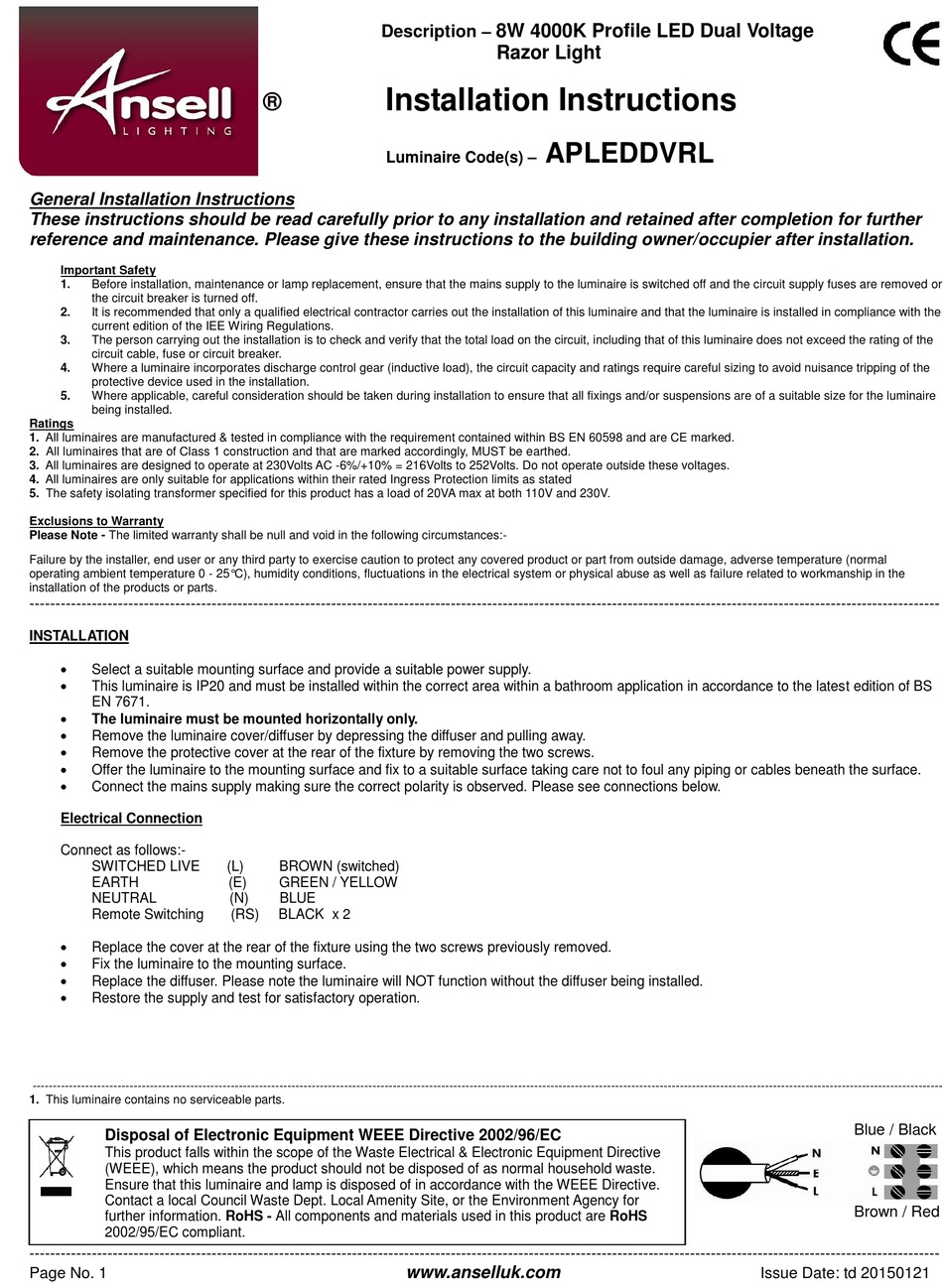 ANSELL APLEDDVRL INSTALLATION INSTRUCTIONS Pdf Download | ManualsLib