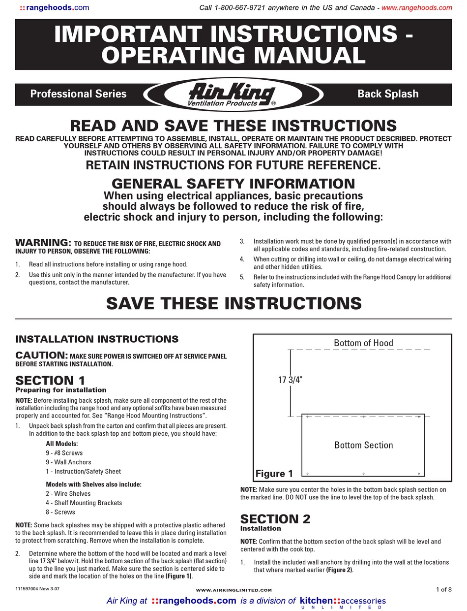 AIRKING BACK SPLASH PROFESSIONAL SERIES IMPORTANT INSTRUCTIONS ...