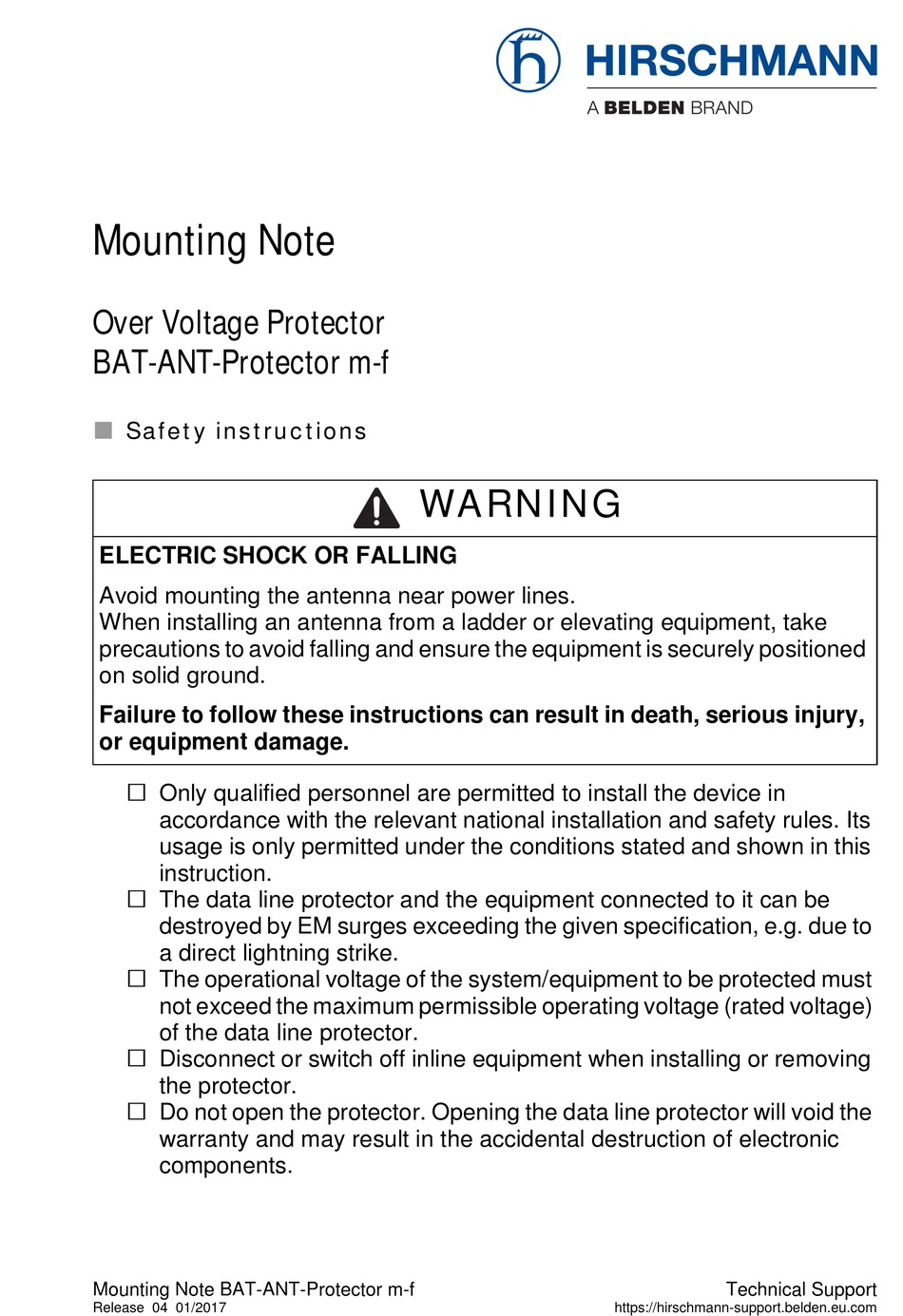 BELDEN HIRSCHMANN BAT-ANT-PROTECTOR M-F MOUNTING NOTE Pdf Download ...