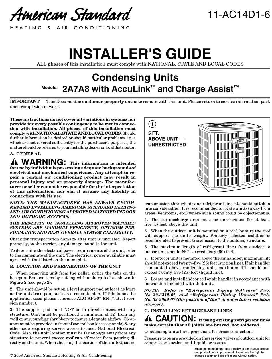 AMERICAN STANDARD 2A7A8 INSTALLER'S MANUAL Pdf Download | ManualsLib