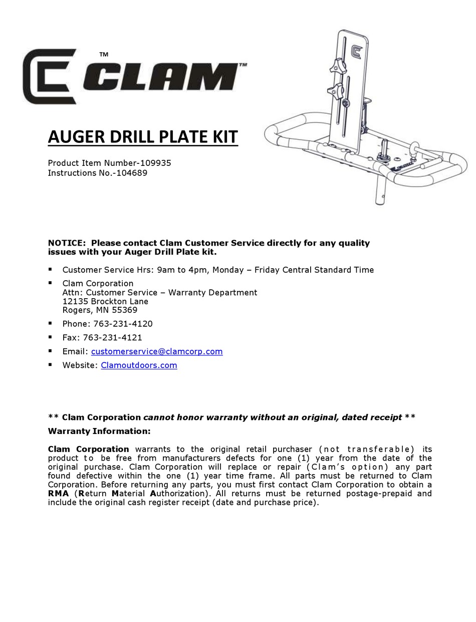 CLAM 109935 QUICK START MANUAL Pdf Download | ManualsLib