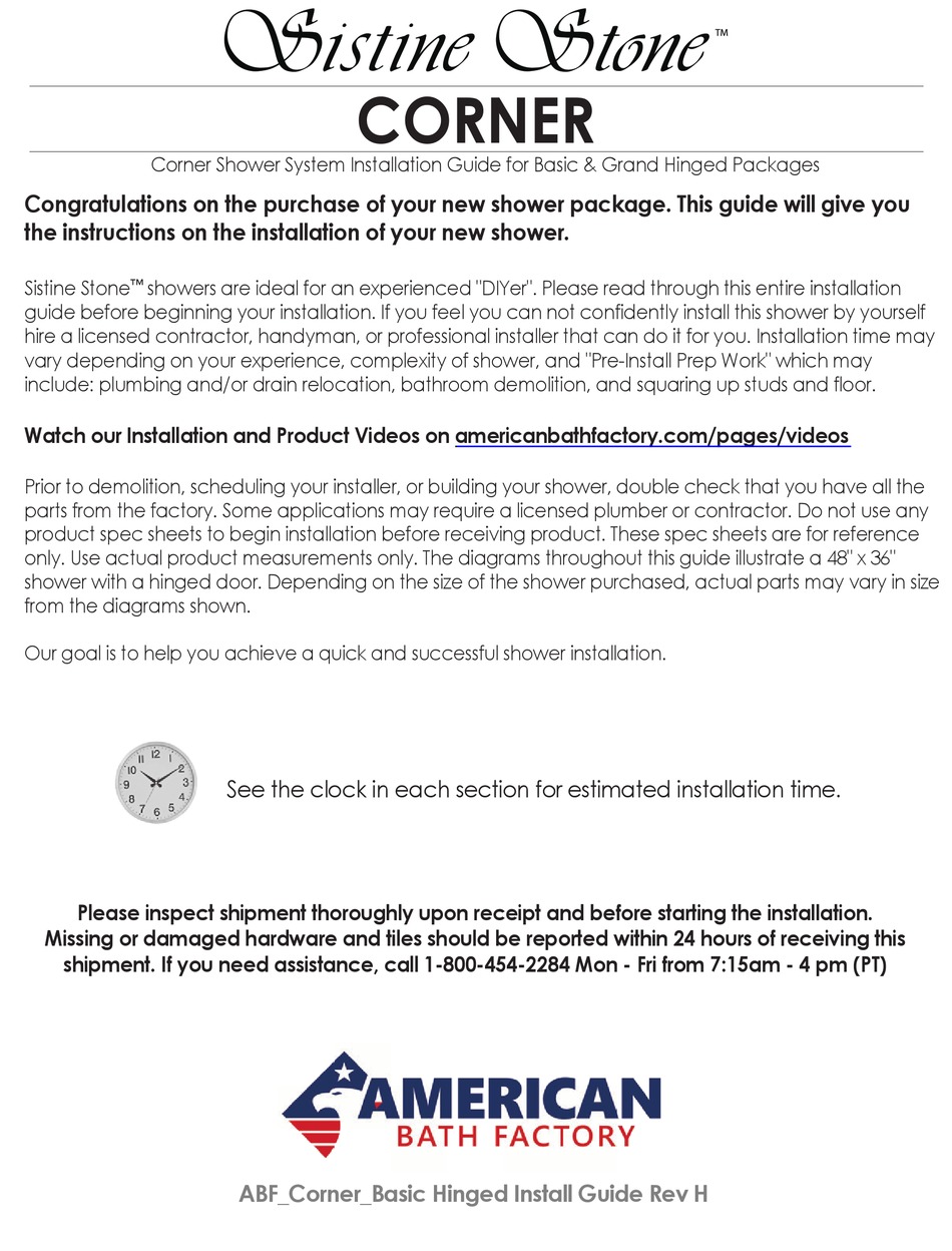 AMERICAN BATH FACTORY SISTINE STONE CORNER INSTALLATION MANUAL Pdf ...