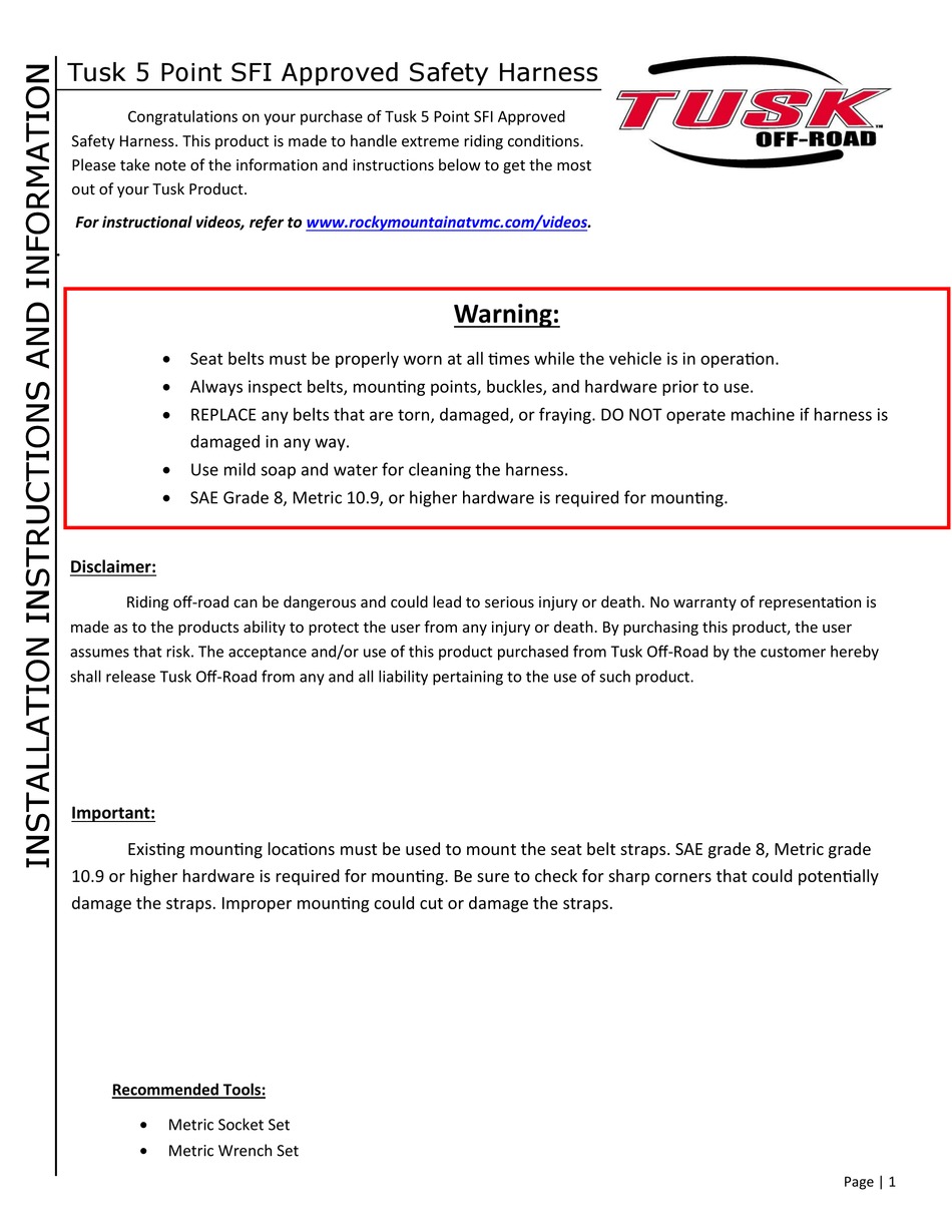 TUSK 5 POINT SFI APPROVED SAFETY HARNESS INSTALLATION INSTRUCTIONS AND ...
