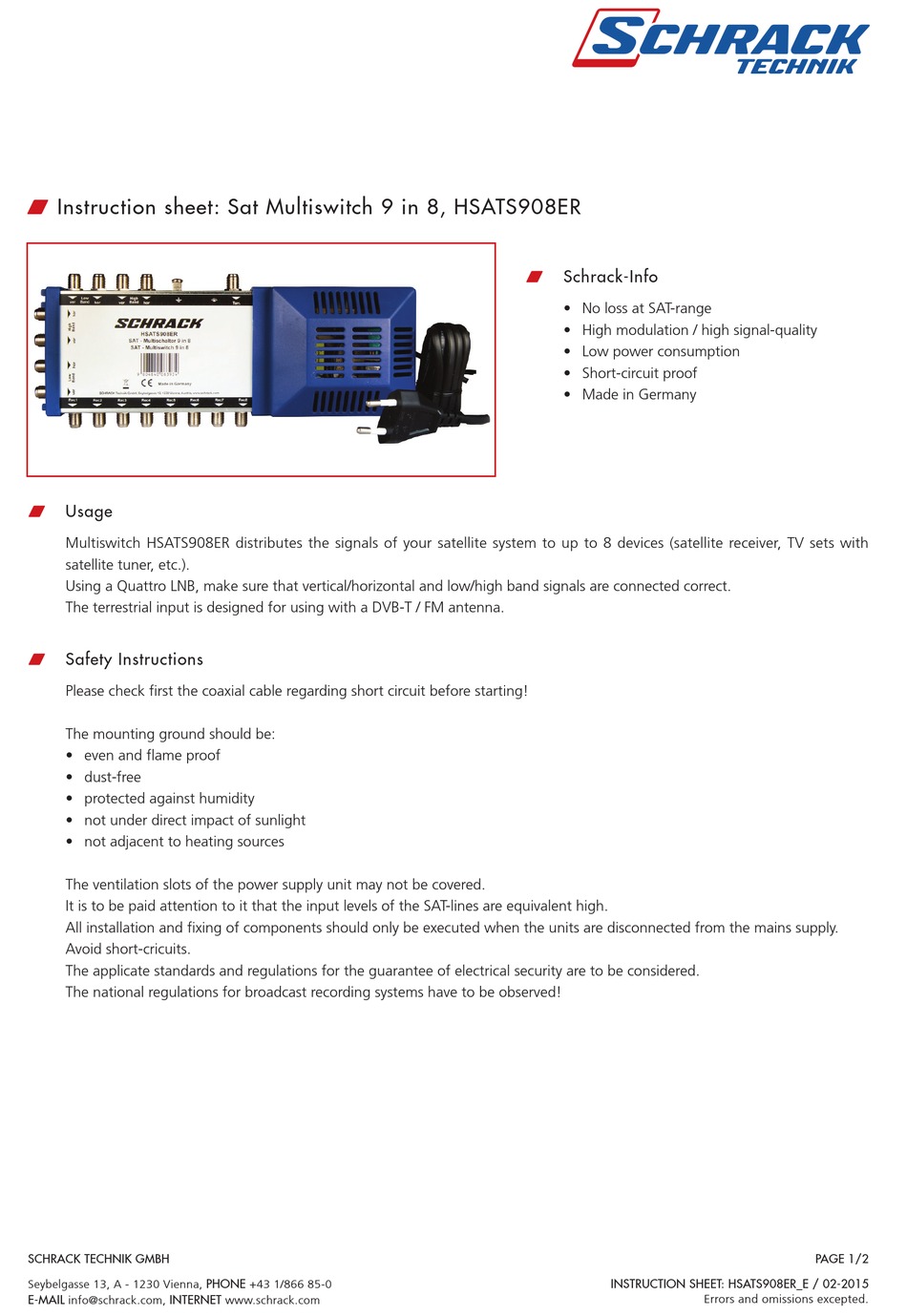 SCHRACK TECHNIK HSATS908ER INSTRUCTION SHEET Pdf Download | ManualsLib
