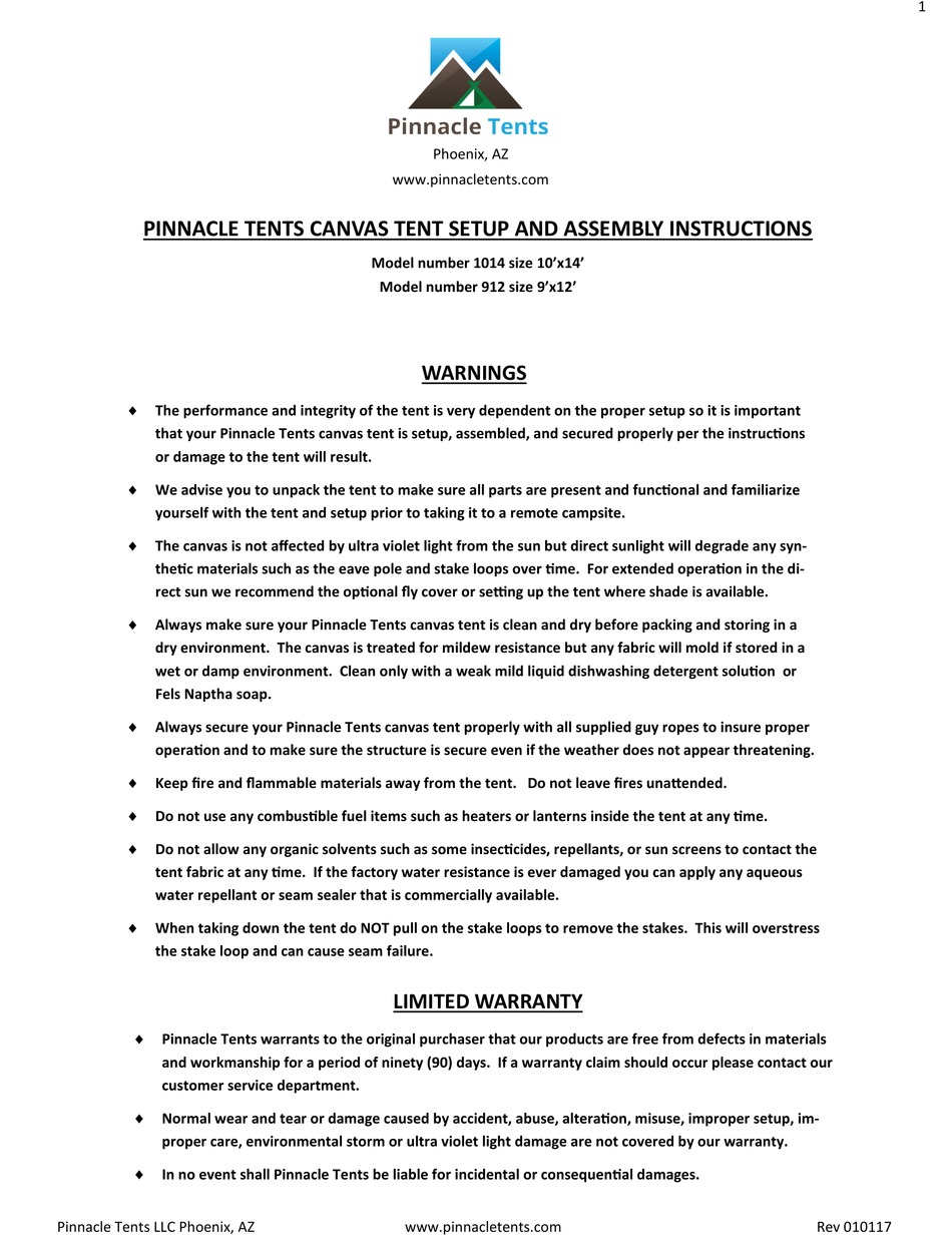 PINNACLE TENTS 1014 SETUP AND ASSEMBLY INSTRUCTIONS Pdf Download ...