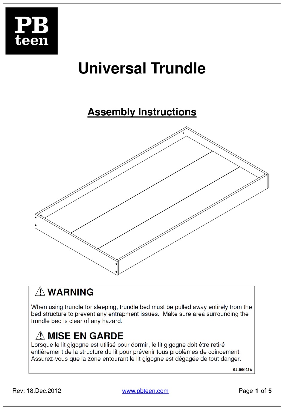 PB TEEN UNIVERSAL TRUNDLE ASSEMBLY INSTRUCTIONS Pdf Download | ManualsLib
