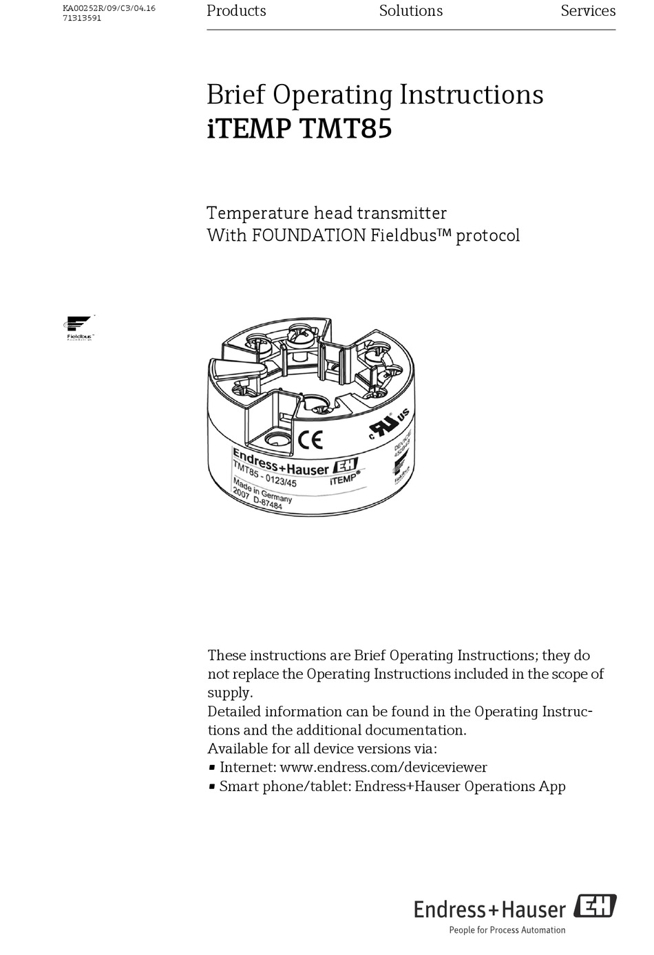 ENDRESS+HAUSER ITEMP TMT85 BRIEF OPERATING INSTRUCTIONS Pdf Download ...