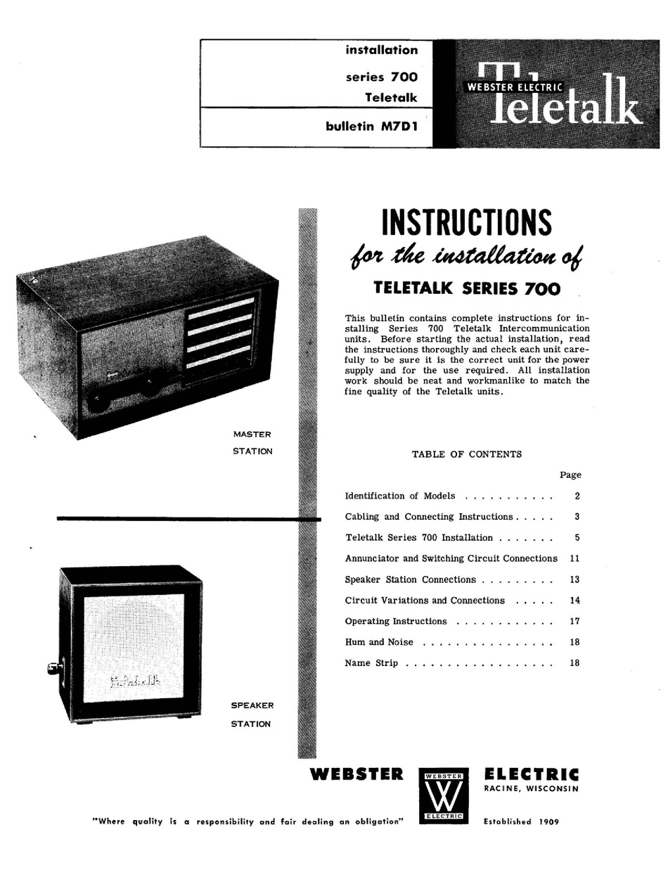 Webster Electric Teletalk 700 Series Installation Instructions Manual