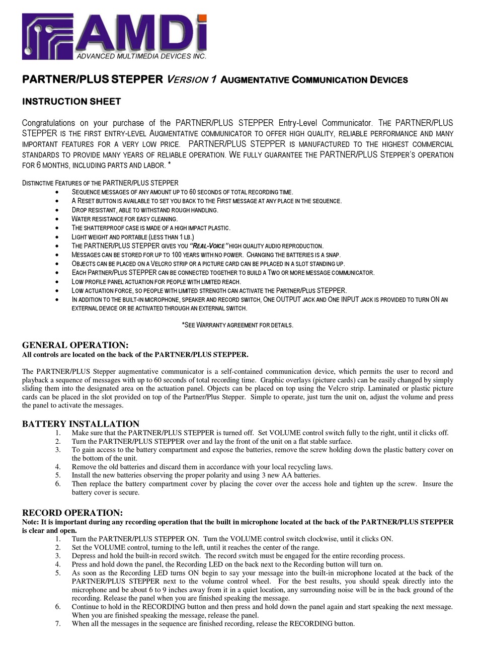 AMDI PARTNER/PLUS STEPPER VERSION 1 INSTRUCTION SHEET Pdf Download ...