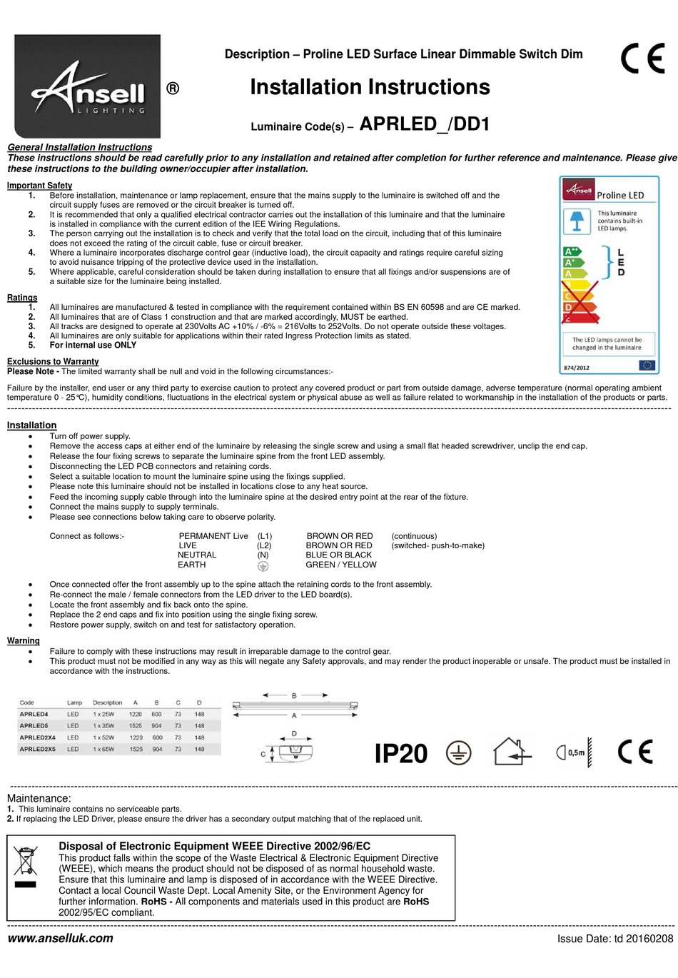 ANSELL PROLINE LED APRLED DD1 SERIES INSTALLATION INSTRUCTIONS Pdf ...
